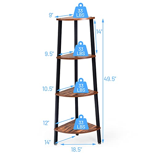 Giantex 4-Tier Corner Shelf Industrial Multipurpose Bookcase, Home or Office Storage Rack, Wood Plant Stand with Metal Frame (Rustic Brown)