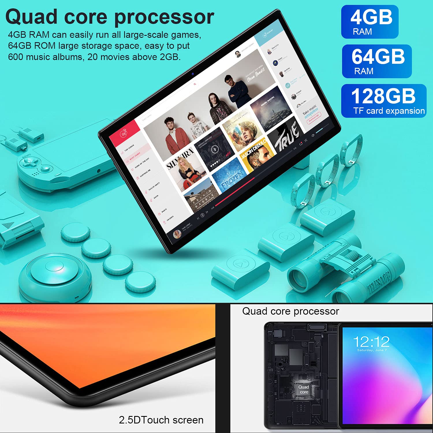 DUODUOGO Android Tablet 10 inch Newest Quad-Core Processor, 64GB+4GB 128GB Expandable, 5G/2.4G Dual WiFi, Android 10 Tablet Dual Camera 6000mAh Bluetooth FM, Gray