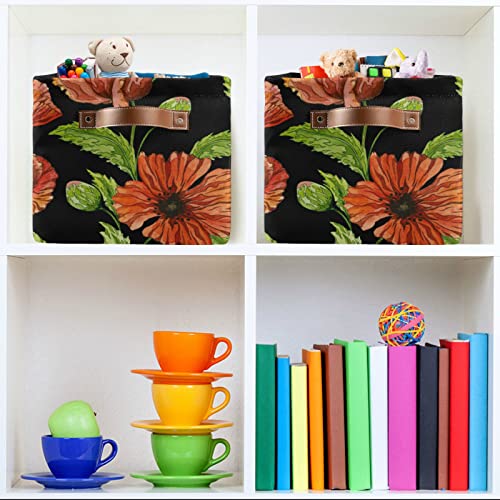 Red Poppy Square Storage Basket Flowers Black Storage Bins Canvas Toys Box Closet Shelf Decorative Organizer Bag with Handles for Bedroom Home Office, 1 Pc