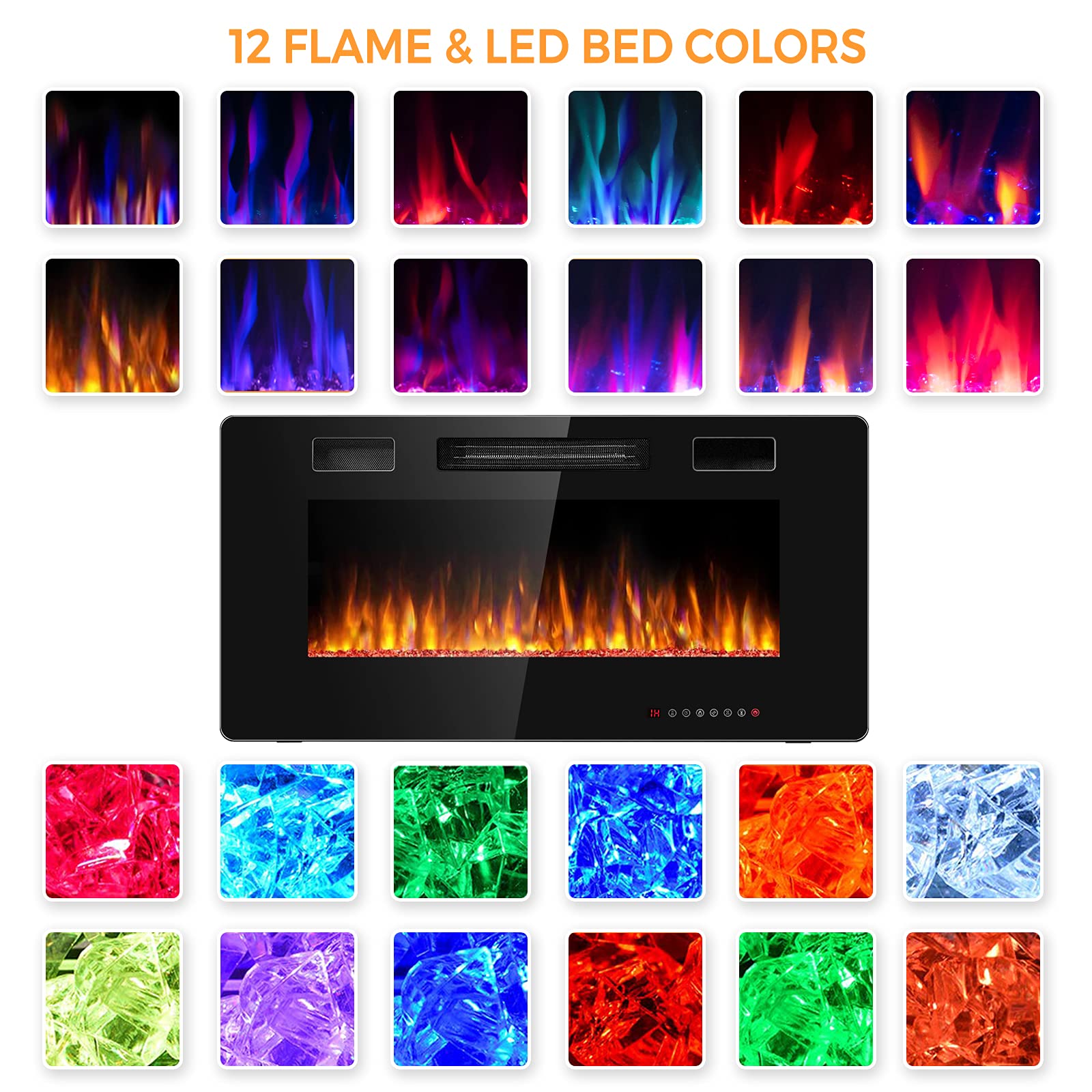 COSTWAY 36-Inch Electric Fireplace, 750W/1500W Wall Recessed and Mounted Fireplace Insert with Remote Control, 12 Flame Colors, 5 Brightness Settings, 8 H Timer, Fireplace Heater for Indoor Use