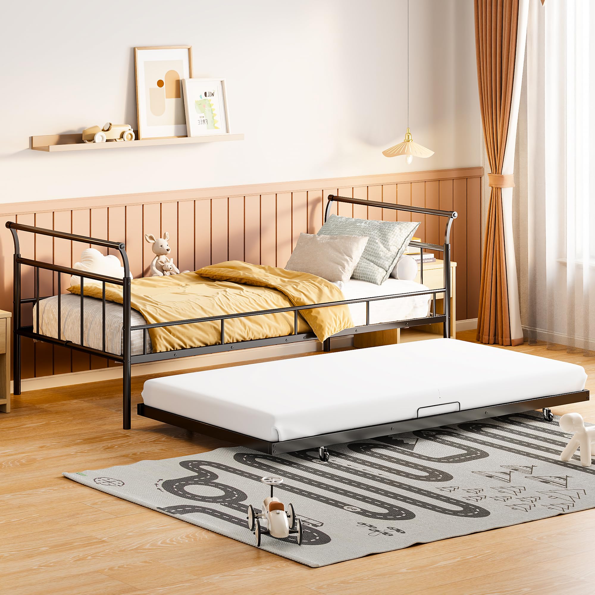 Full Size Metal Daybed with Curved Handle Design and Twin Size Trundle, Black