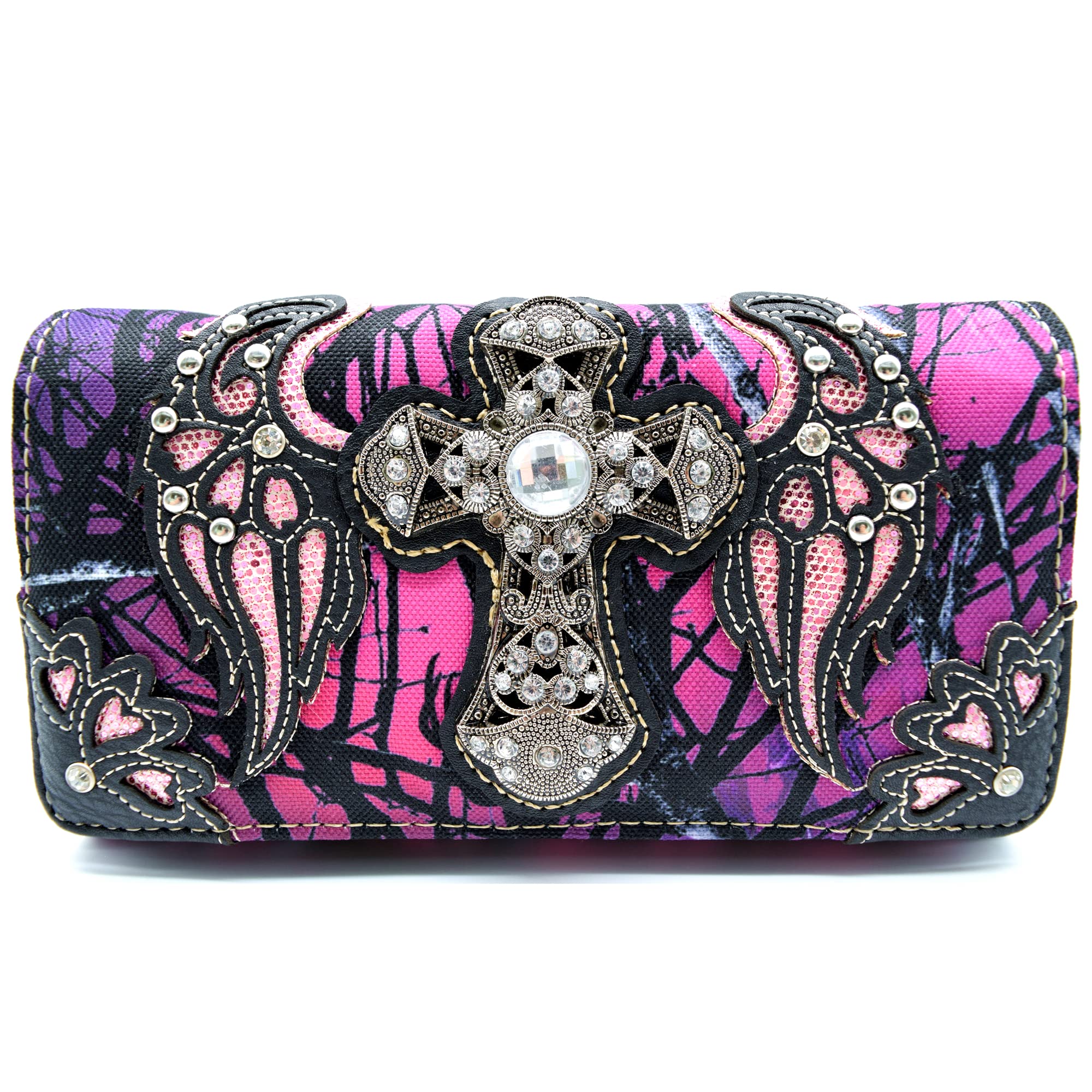 Western Camouflage Cross Wings Country Purse Single Shoulder Bags Clutch Women Blocking Wristlet Wallet (Purple)