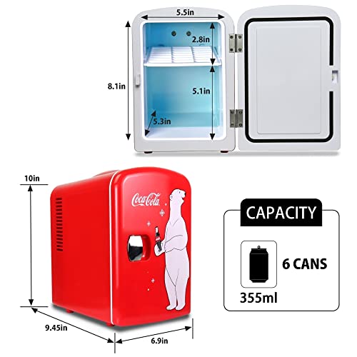 Coca-Cola 4L Portable Cooler/Warmer, Compact Personal-Travel-Fridge for Snacks Lunch Drinks Cosmetics, Includes 12V and AC Cords, Cute Desk Accessory for Home Office Dorm , Red, Polar Bear