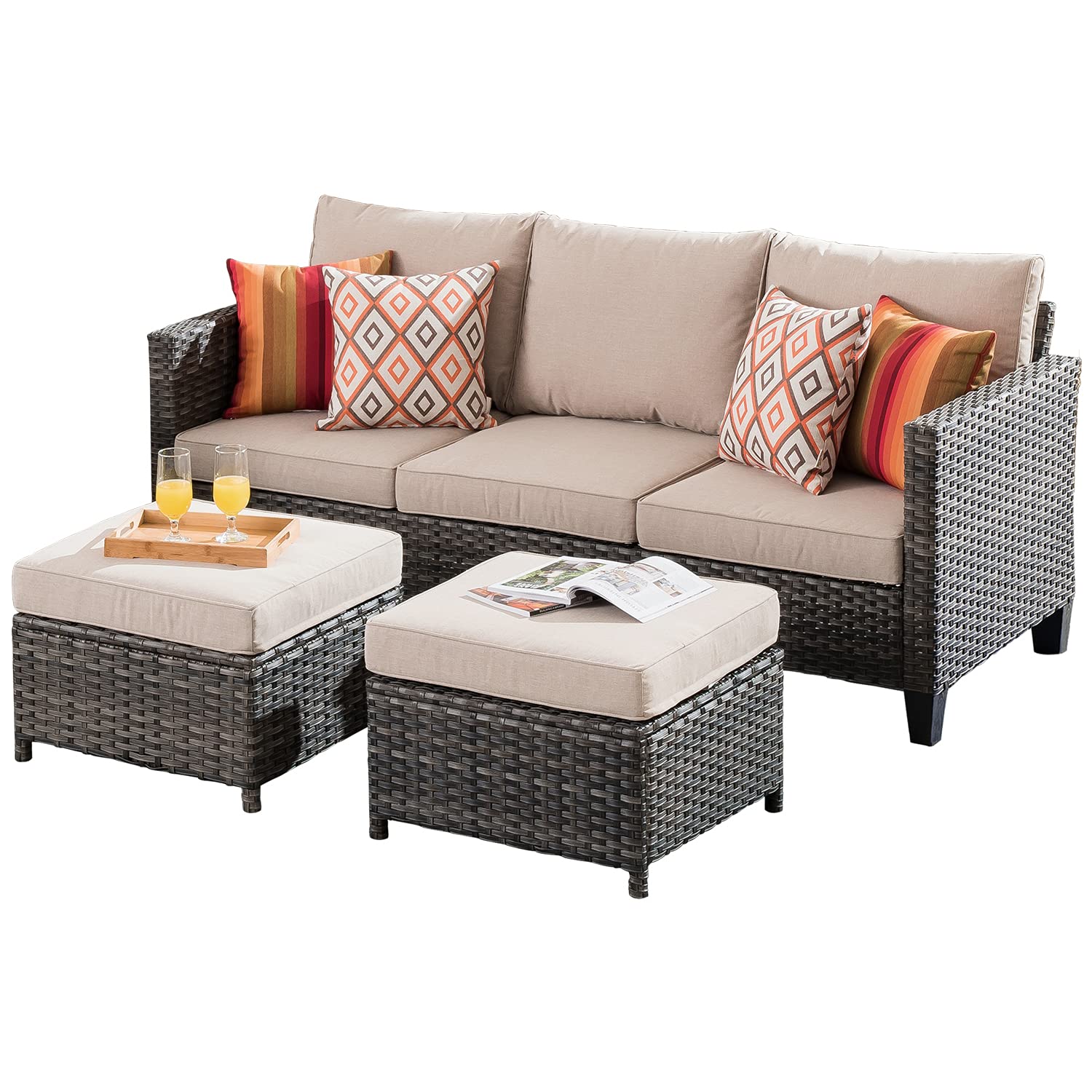 ovios Patio Furniture 3-Pieces Set, Modern All Weather Wicker Rattan Sofa Couch for Yard Porch, Beige Cushion