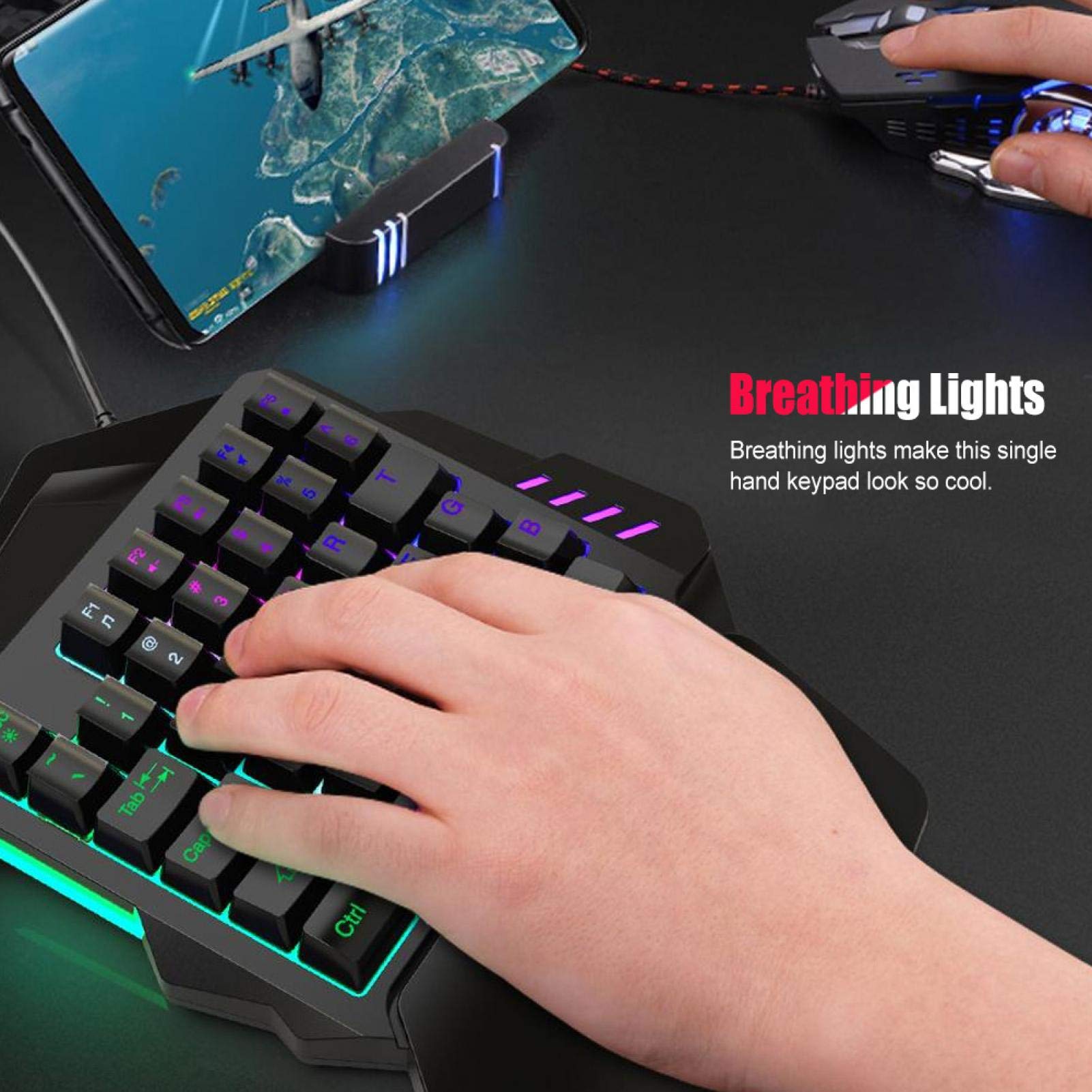 One Handed Gaming Keypad, Single Hand Membrane Keycap Gaming Keyboard with Breathing Lights Higher Achievement in The Game