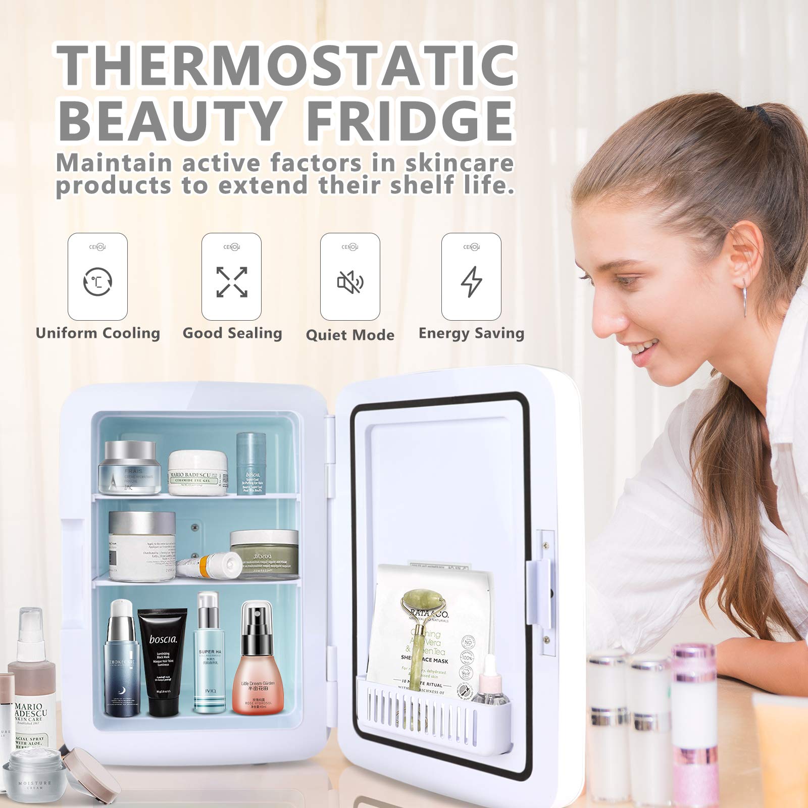 Cenow Mini Fridge for Bedroom, 10 Liter/12 Can Rapid Cooling Skincare Fridge for Cosmetics, Foods and Drinks, Portable Mini Refrigerator with AC/DC for Home, Office, Car (White)