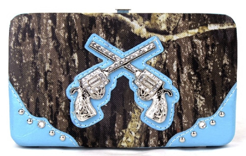 Western Handbag Camouflage Gun Pistol Pocket Camo Rhinestone Purse With Matching Wallet (BLUE)