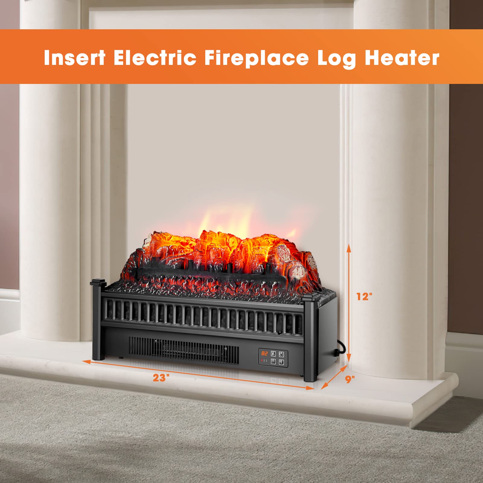 COSTWAY Electric Fireplace Log Heater with Remote Control, 23-Inch Realistic Ember Bed Insert Log with 0.5-6H Timer, Adjustable Flame Brightness and Temperature, Overheating Protection, 1400W