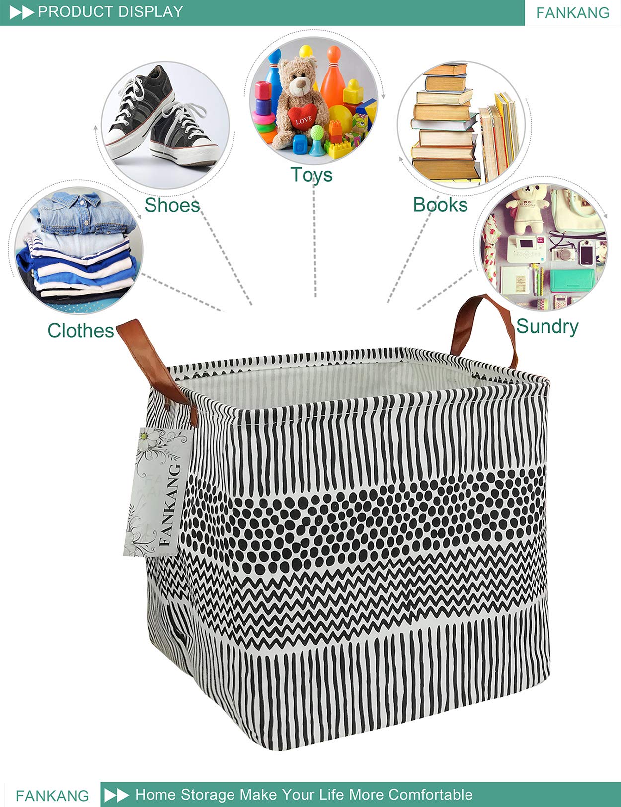 FANKANG Square Nursery Hamper Storage Bins Canvas Laundry Basket Foldable with Waterproof PE Coating Storage Baskets Gift Baskets for Children, Office, Bedroom, Clothes(Square-Black Lines )