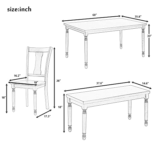 KELRIA Classic 6-Piece Dining Set with Elegant & Modern Design, Including Wooden Table and 4 Chairs and 1 Bench, Easy to Assemble, for Kitchen, Playroom, Home Bar, Brown+Cottage White