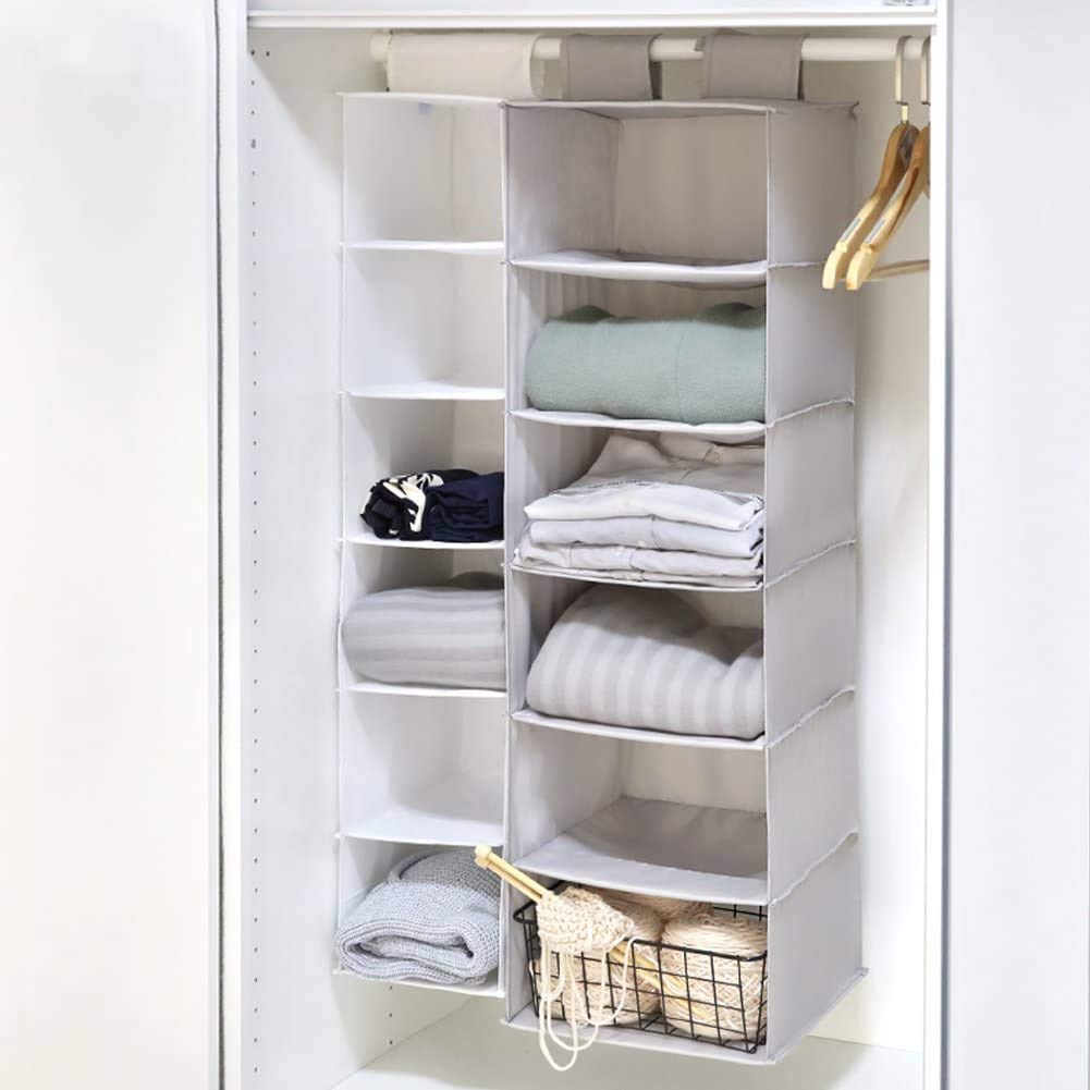 sunyou Hanging Closet Organizer 6 Shelves Cloth Hanging Organizer Foldable with 2 Widen Straps for Clothing, Blankets, Toys(White, 30cm)