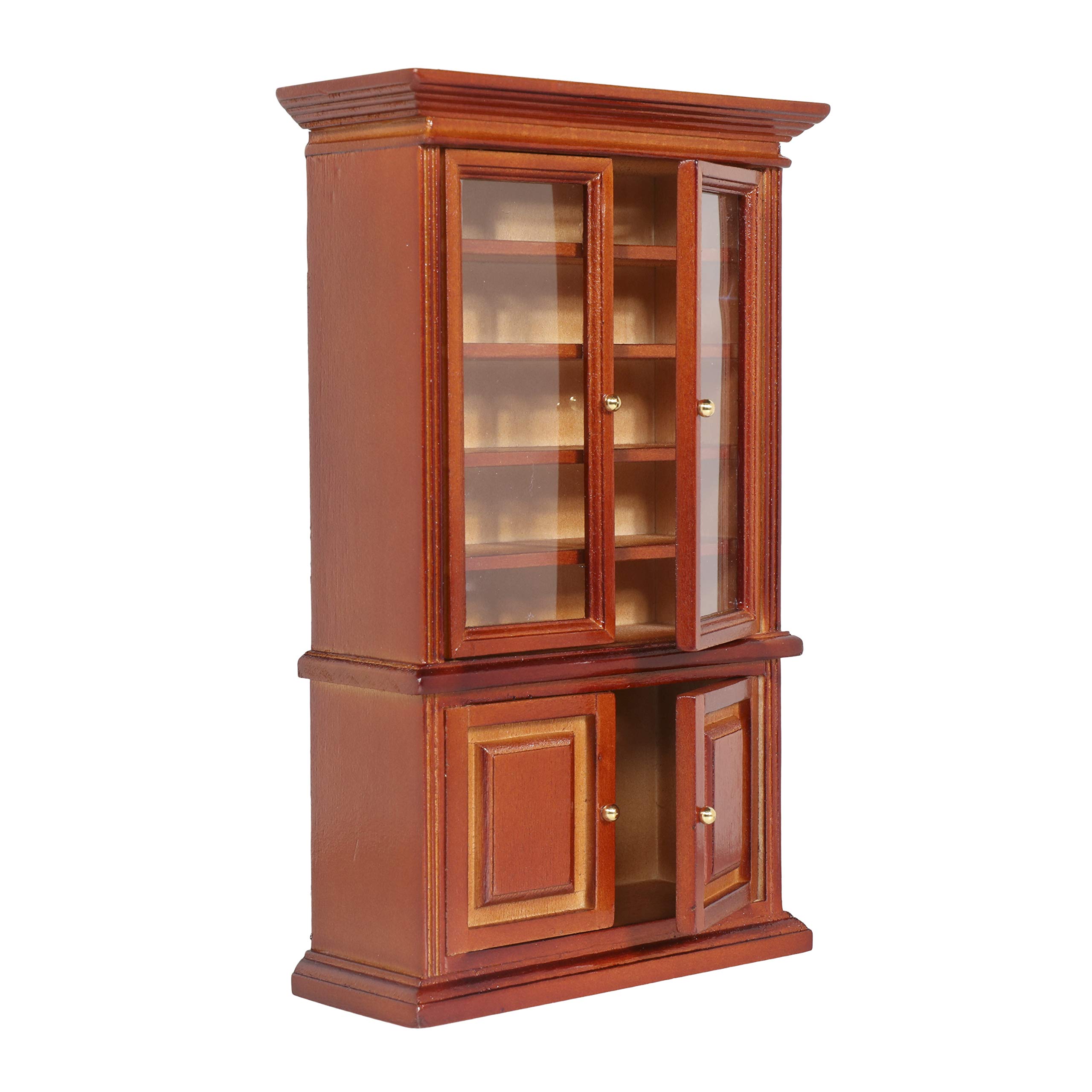 Miniature Dollhouse Display Cabinet - Dolls House Mini Furniture Glass Bookcase - 1/12 Scale (Medium Brown)