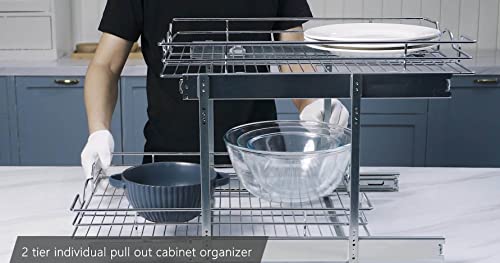 OCG Pull Out Cabinet Organizer (20" W x 21" D), 2 Tier Pull Out Drawers for Kitchen Cabinets, Pull Out Shelves for Base Cabinet Organization in Kitchen, Bathroom, Pantry, Chrome Finish