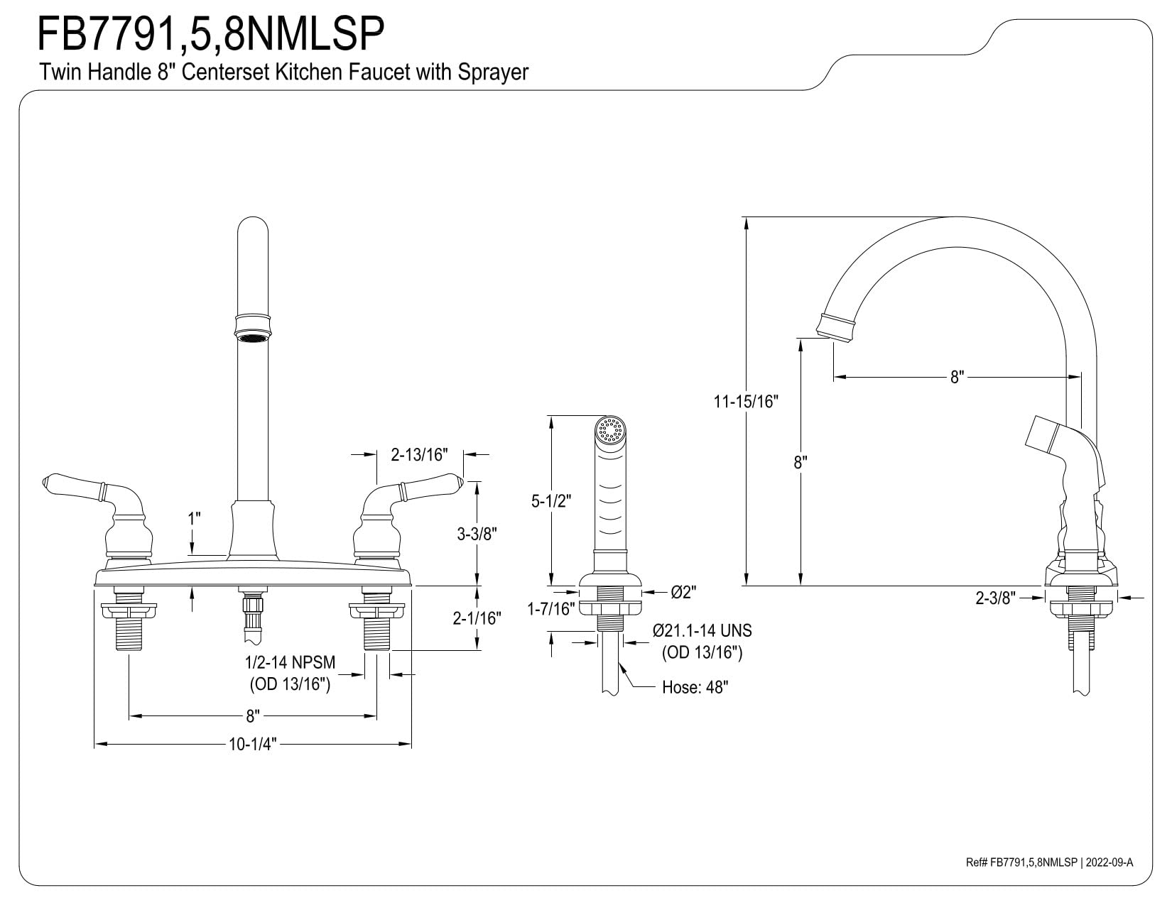 Kingston Brass FB7798NMLSP Naples 8" Centerset Kitchen Faucet, Brushed Nickel
