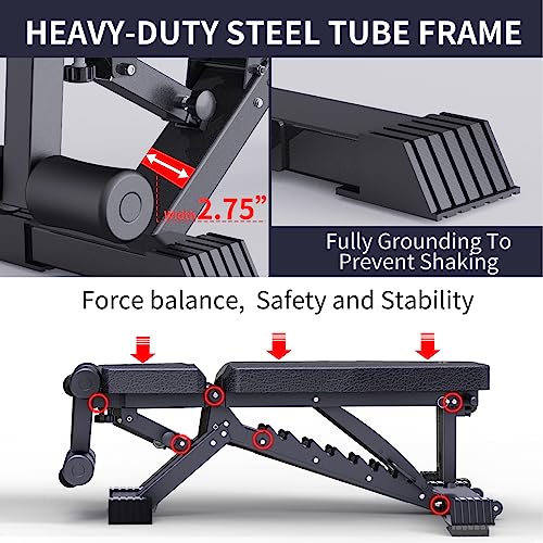 K KINGKANG Adjustable Weight Bench, 1100 LB Weight Capacity Heavy-duty Workout Bench, Extended Head, and Neck Protection Design, Foldable Flat/Incline/Decline Exercise Multi-Purpose Bench for Home Gym