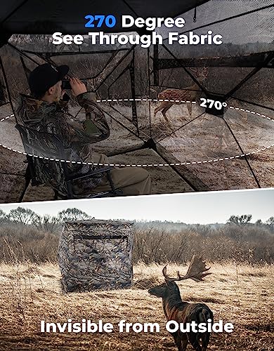 KEMIMOTO Hunting Blind 2-3 Person, See Through Ground Blind 270 Degree Pop Up, Portable Camo Tent for Deer & Turkey Hunting