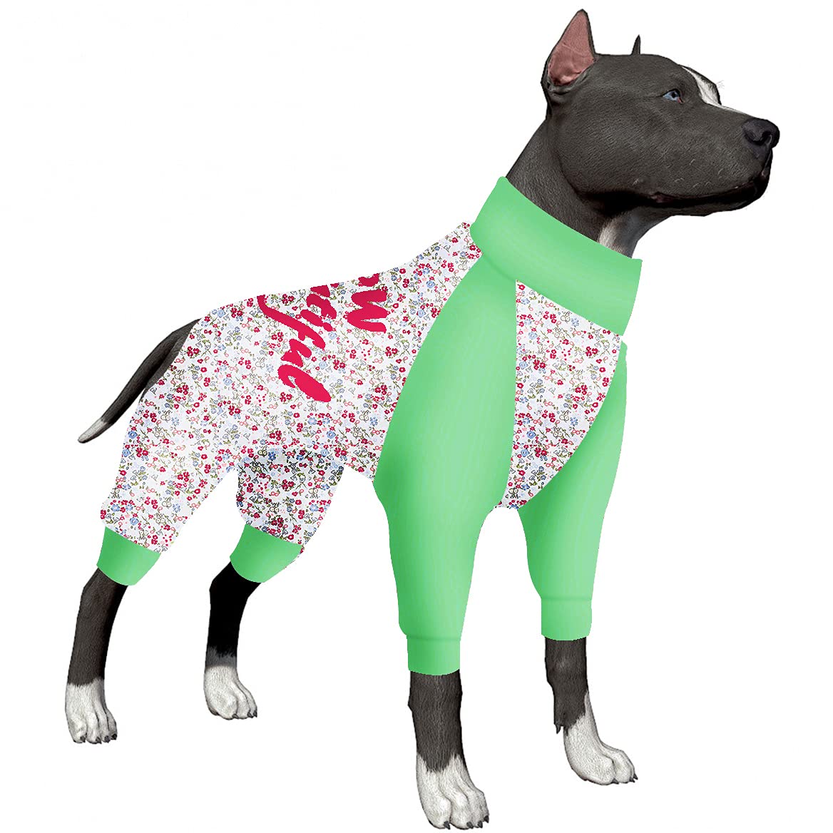 LovinPet Dog Pjs Large, UV & Post Operative Protection, 4 Legged High Collar Dog Onesies, Lightweight Stretchable Floral Print White, Red Prints Large Dog Pajamas as Base Shirt for Dog Dresses XL