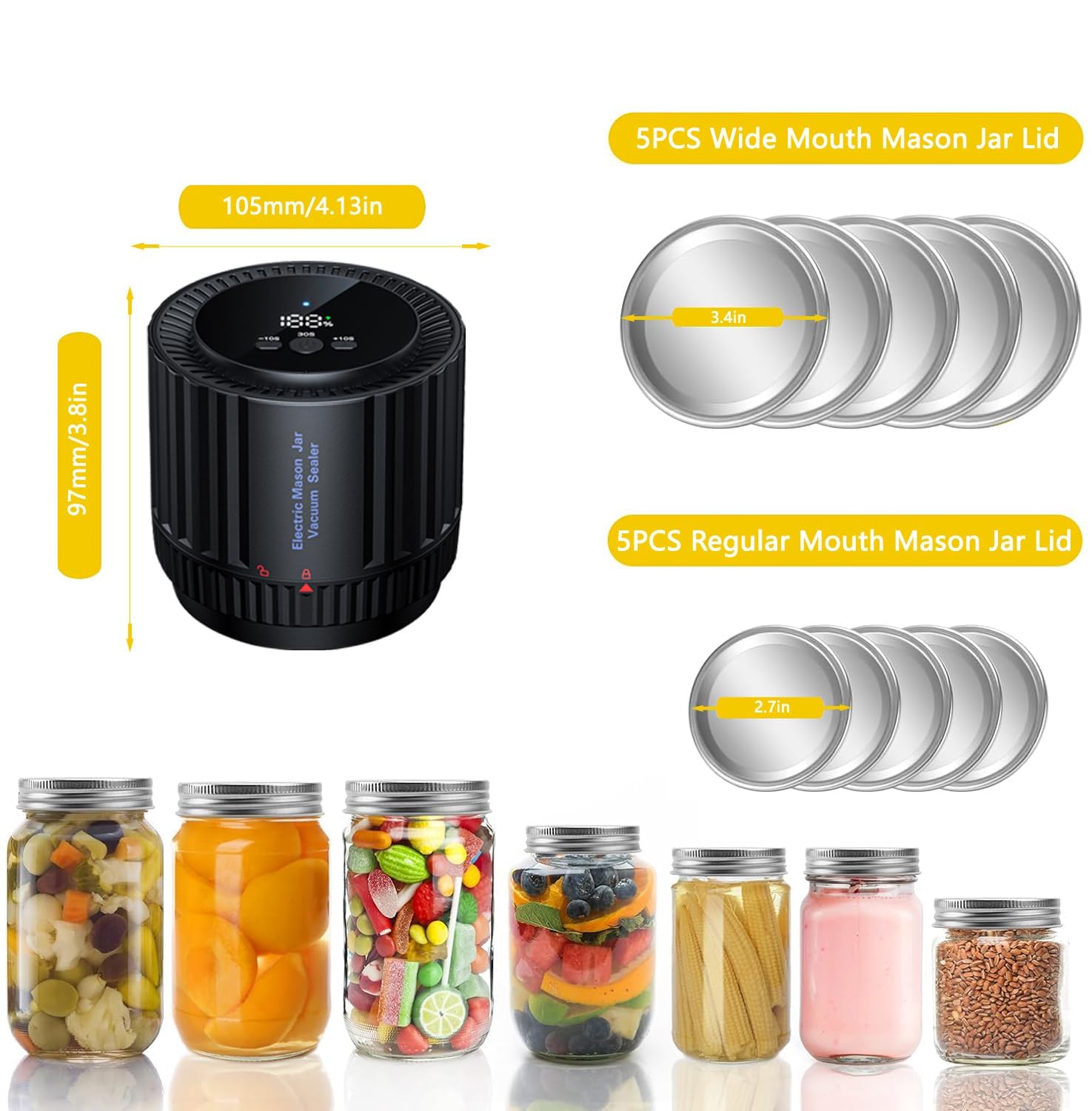 Electric Mason Jar Vacuum Sealer Kit for Wide Mouth and Regular Mouth Mason Jars, MEVERTRY Cordless Auto FoodSaver Vacuum Sealer, Canning Food Storage with LED Count-down Display