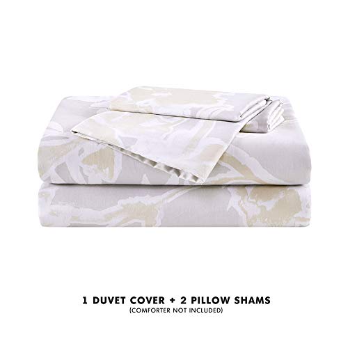 INTELLIGENT DESIGN Reversible 100% Cotton Sateen Duvet - Breathable Comforter Cover, Modern All Season Bedding Set with Sham (Insert Excluded), Tanet, Flower Grey King/Cal King(104"x90")