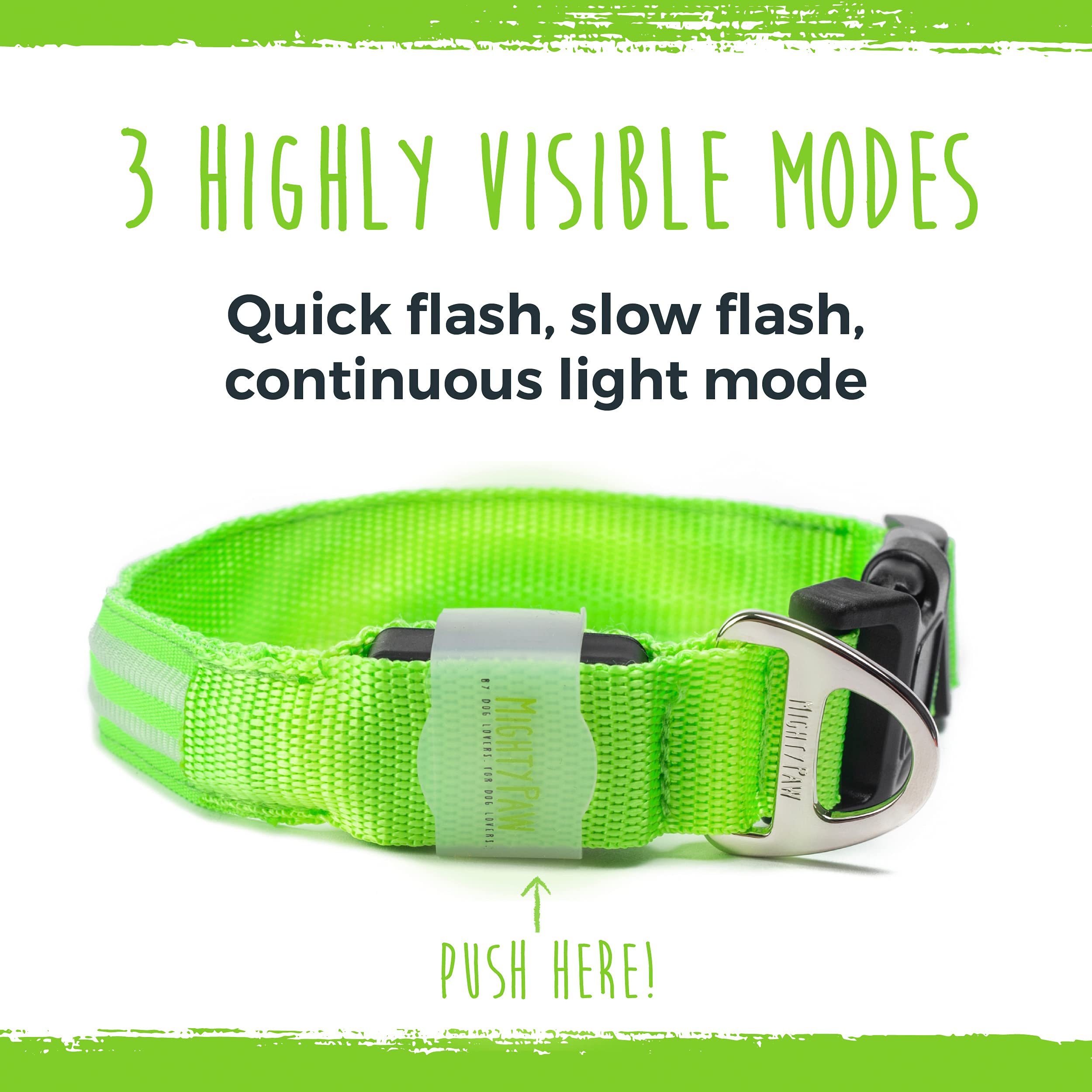 Mighty Paw LED Dog Collar - USB LED Rechargeable - USB Rechargeable Light - High Visibility Glow Strips - Glow Pet Weather Resistant - Enhanced Nighttime Visibility - Light Up Dog Collar - (L, Green)
