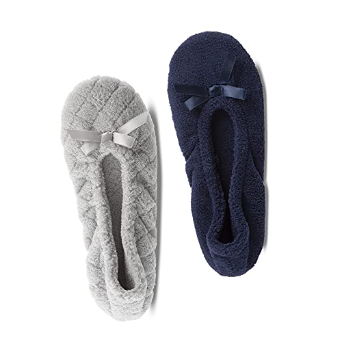 isotoner womens 2 Pack Ballerina Slipper Quilted and Solid Ballet Flat, Light Grey Quilted, Navy Blue Solid, 6.5-7.5 US