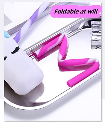 Collapsible Reusable Silicone Straws Portable Folding Drinking Straw Free with Travel Case & Cleaning Brush for Party Travel Household Cold or Hot Straws (B)