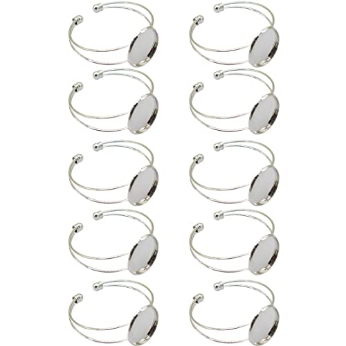 MIAO JIN 10 Pcs 25 mm Adjustable Round Cabochon Bezel Tray Blank Bangle for Crafting DIY Bracelets Making(Silver)