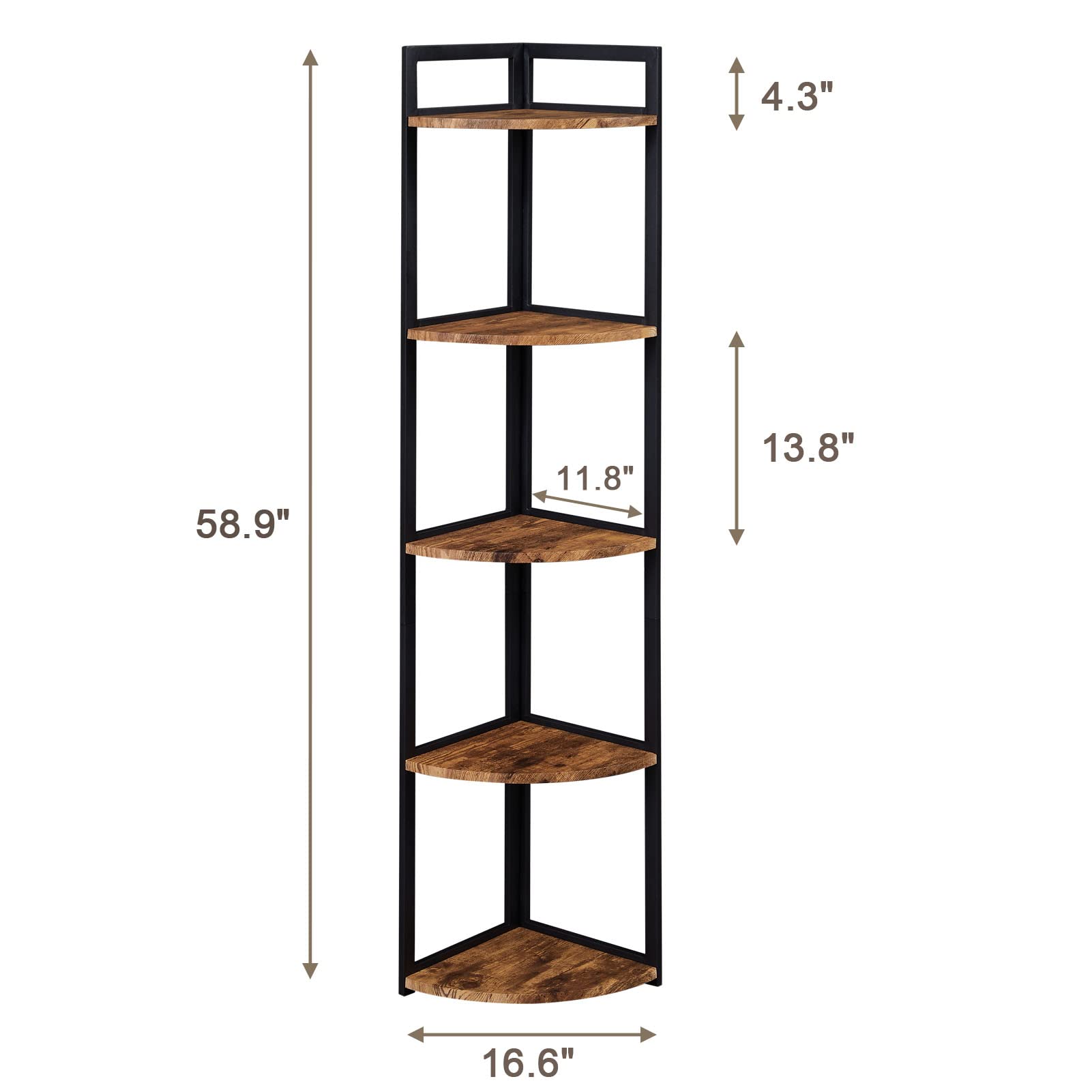 SUPERJARE Corner Shelf, Industrial 5-Tier Wall Corner Bookshelf with Metal Frame, Corner Shelf Stand Display Plant Flower, Corner Bookcase for Home, Office, Kitchen - Rustic Brown