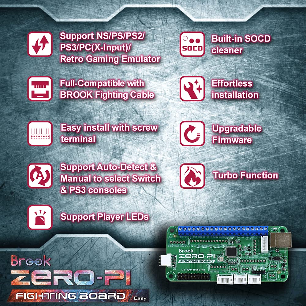 Brook Zero- Pi Fighting Board Easy Version - Compatible with Switch/ PS3/ PS2/ PS/PC(X-Input)/ Retro Gaming Emulator to Arcade Stick Screw Terminal Header Included