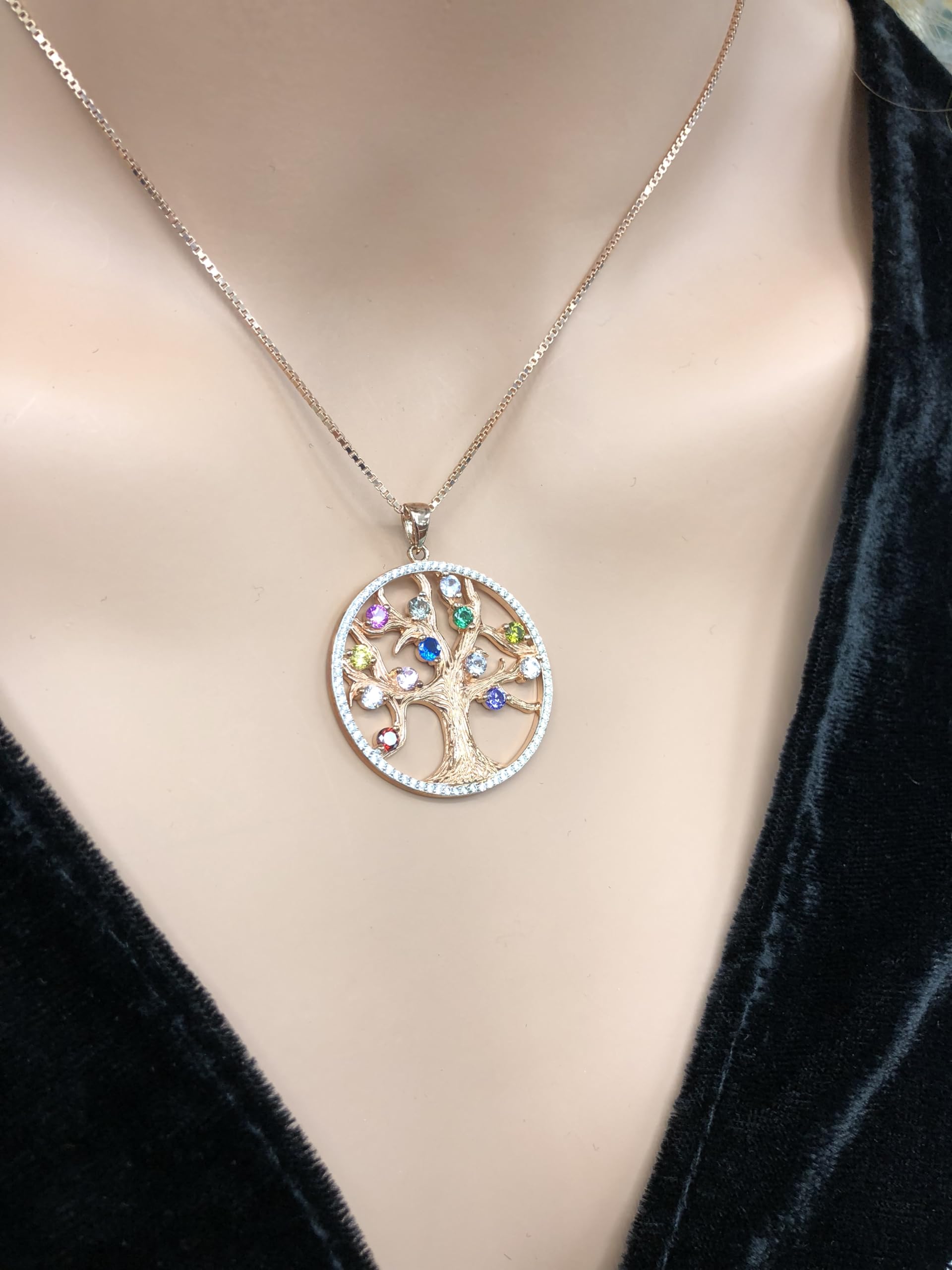 Central Diamond Center Tree of Life Mothers Necklace with 1-13 Birthstones, 1mm Box Chain - Yellow Gold Plated Silver CZ BEZEL