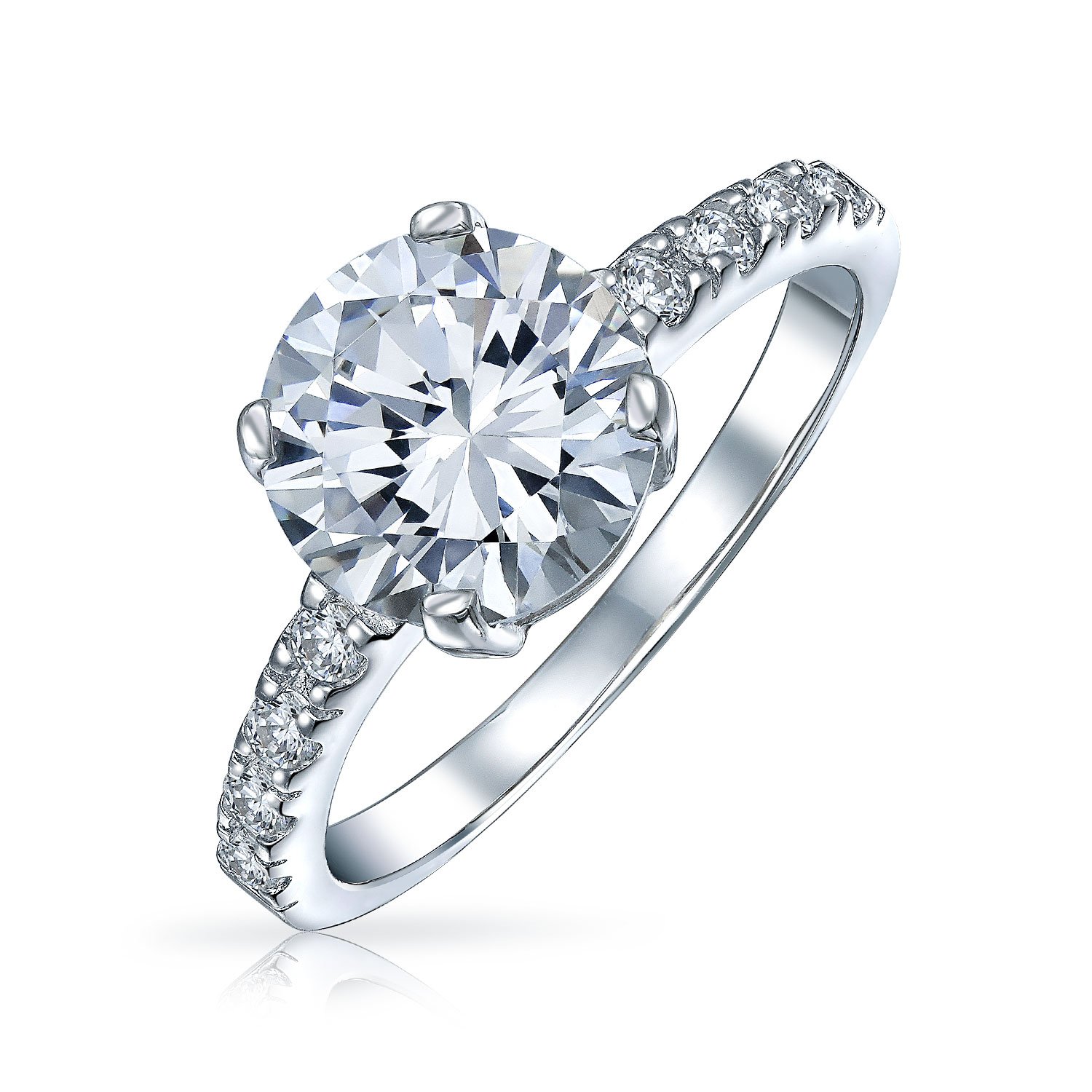Bling Jewelry Personalize 4CT AAA CZ Round Brilliant Solitaire Engagement Ring For Women .925 Sterling Silver Cubic Zirconia Pave Side Stone 2MM Band Customizable