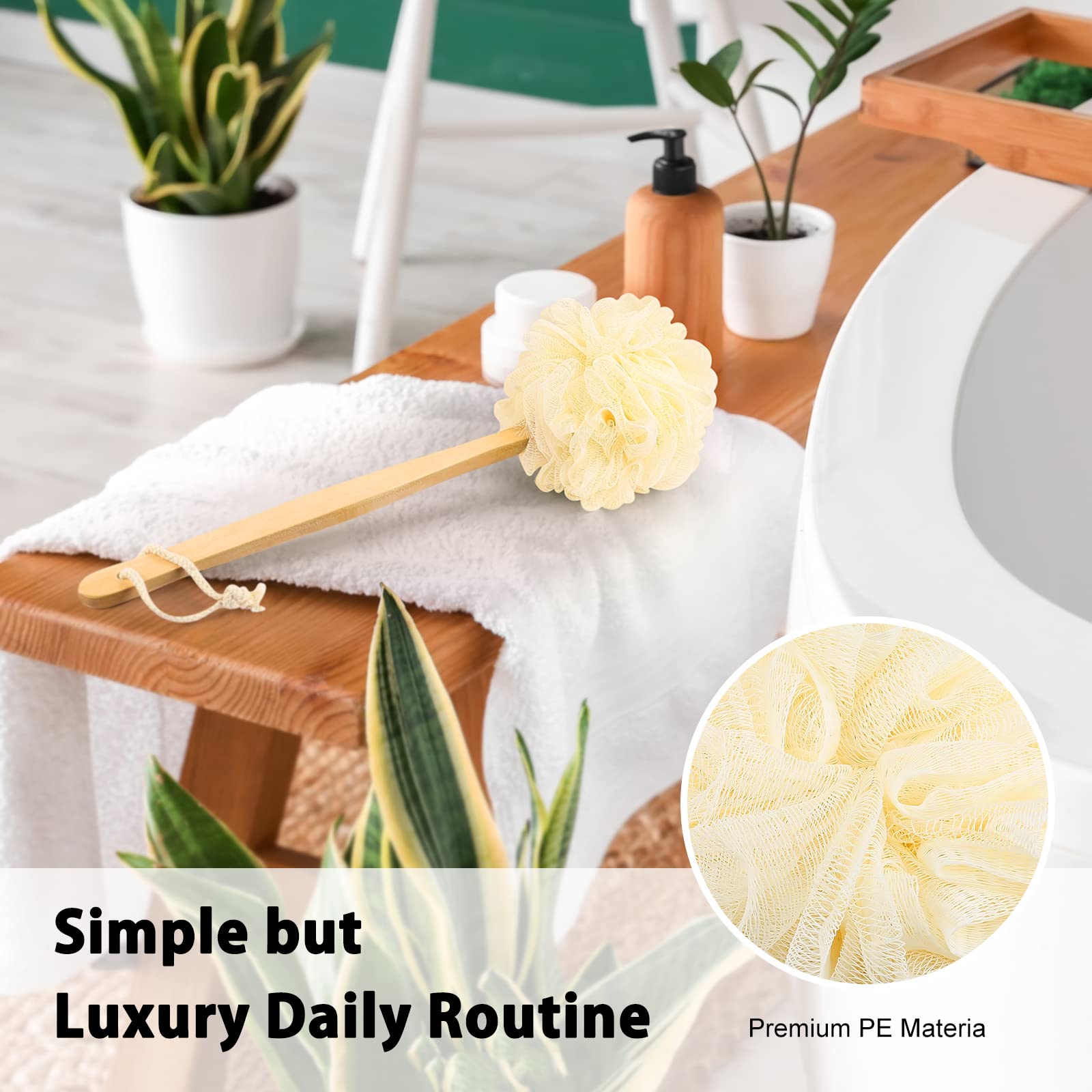 D Loofah on a Stick, Exfoliating Lufa Back Scrubber for Shower, Shower Sponge with Long Handle, Handheld Bath Body Brush for Men and Women, Beige
