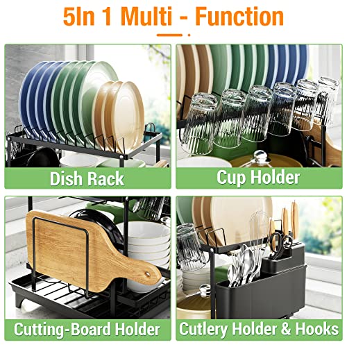 kenvc Dish Drying Rack,Dish Rack Kitchen Counter,Dish Racks for Kitchen Counter,Board Holder, 6 Cup Holder,Removable Large Capacity Dish Drainer, Rust-Proof Dish Drainer, Black