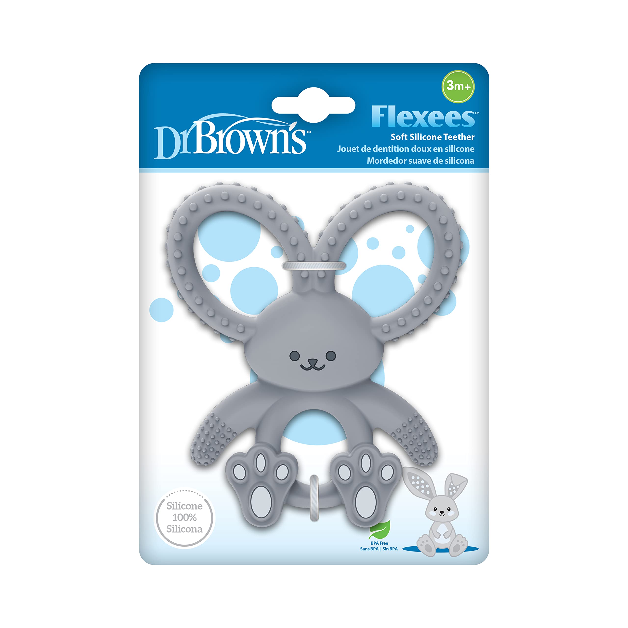 Dr. Brown's Flexees Gray Bunny, Soft 100% Silicone Baby Teether, BPA Free, 3m+