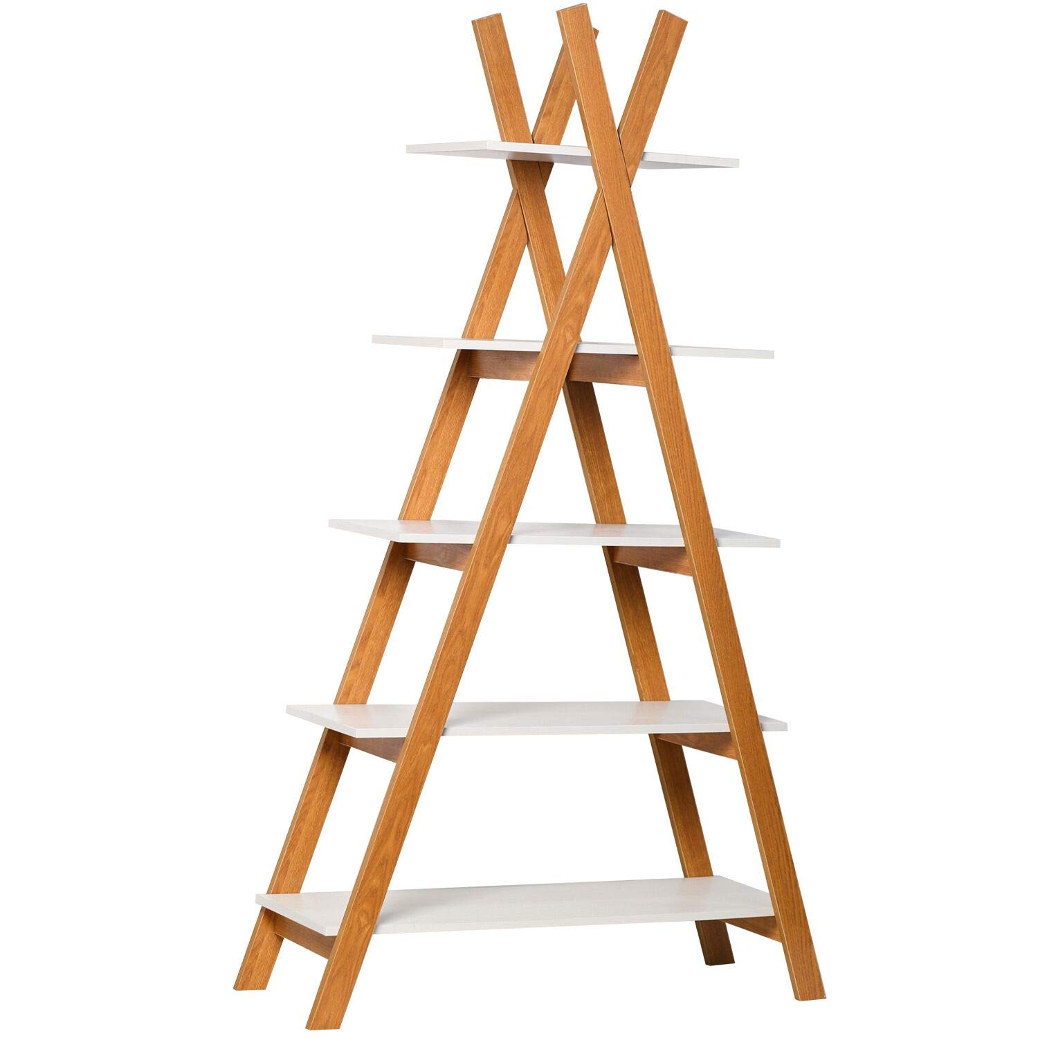 CERBIOR 5 Tier Bookshelf Storage Shelves, A Frame Bookcase, Plant Book Display Furniture for Home Office, Burlywood