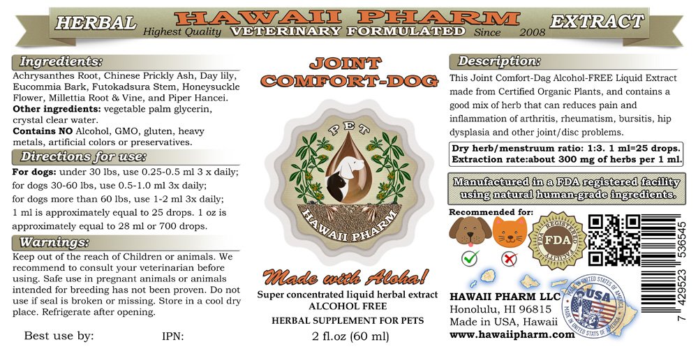HawaiiPharm Joint Comfort-Dog, Veterinary Natural Alcohol-Free Liquid Extract, Pet Herbal Supplement 2 oz