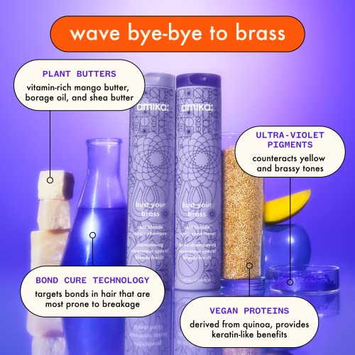 Bust your brass cool blonde repair shampoo, BLUE, 10.1 Fl Oz (Pack of 1) | amika