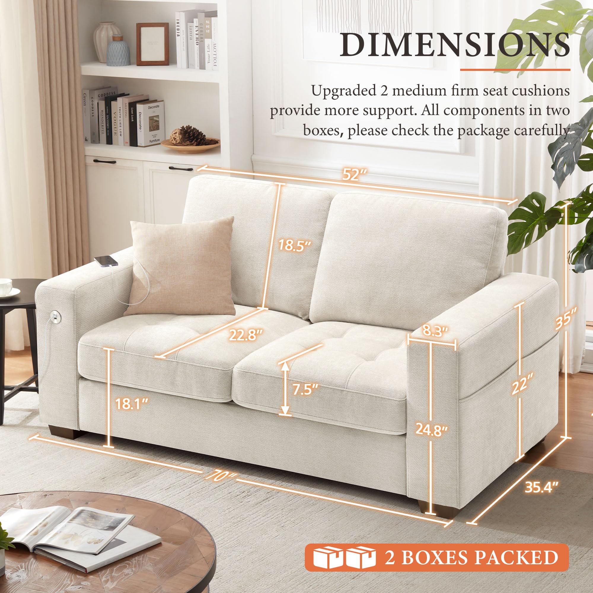 Ihanherry 90.5" Modern Sofa 3-Seats Couch for Living Room, Chenille Pillow-Armrest with Extra Large Seat Width, USB/Type-C Charging Port & Side Pocket, Removable Medium Firm Cushion(Grey)