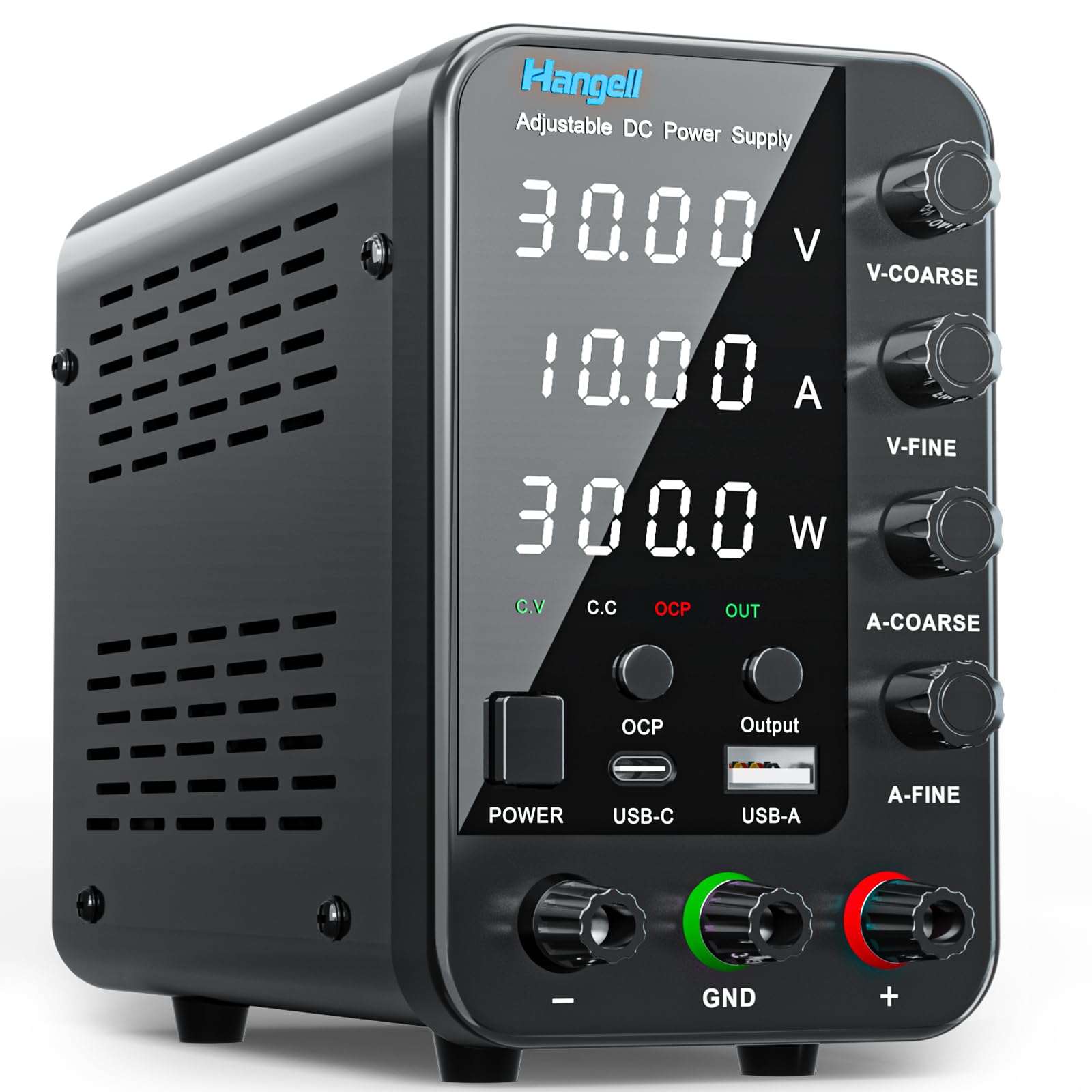 DC Power Supply Variable, 30V 10A Bench Power Supply with Encoder Coarse & Fine Adjustments Knob, Adjustable Switching Regulated lab Power Supply with 5V 3.6A USB & Type-C Quick-Charge
