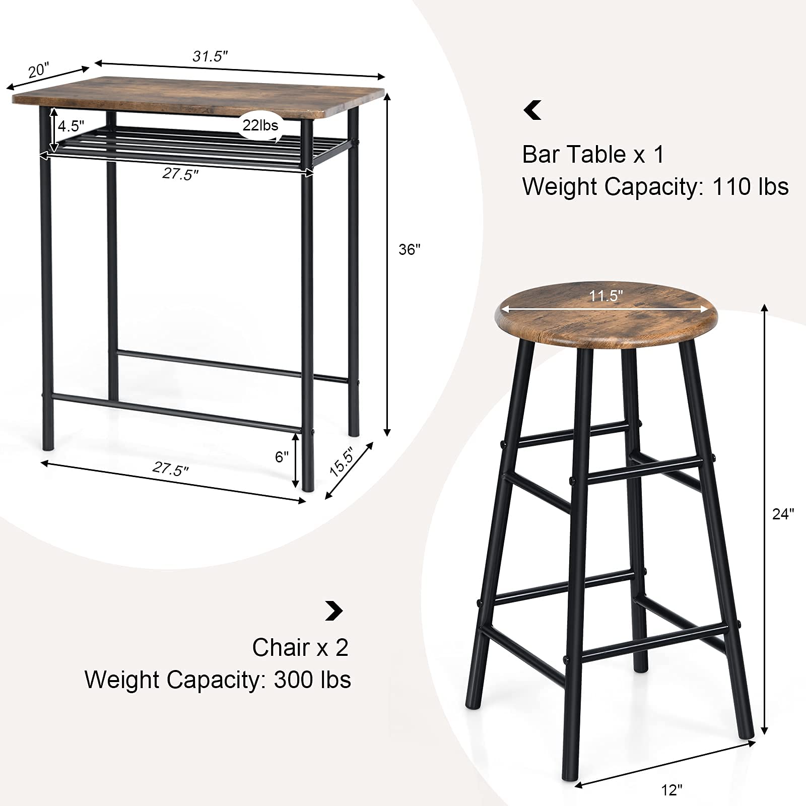 COSTWAY 3 Pieces Dining Table Set, Compact Dining Table Set with 2 Bar Stools, Space-Saving Bistro Set with Metal Fame and Storage Shelf, Pub Table and Chairs Set for Kitchen, Dining Room (Teak)