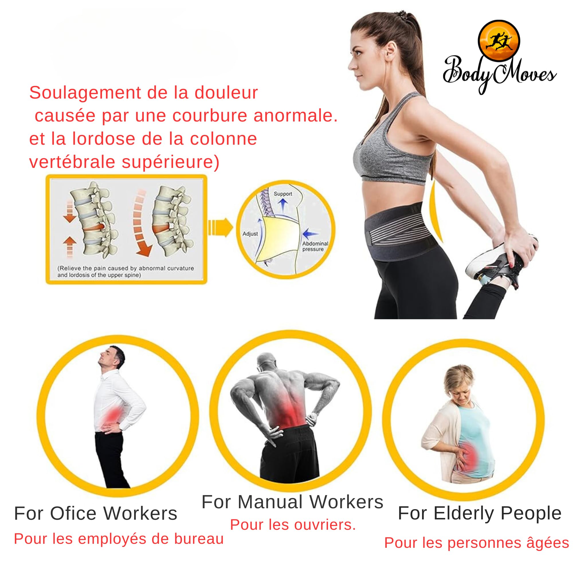 BodyMoves Back Brace Lumbar Support (Regular Size)for Men and Women Dual Adjustable Straps & Extension Belt -Lower Back Pain relief,Spasm,Strain,Herniated Disc,Sciatica,Lifting ,better back