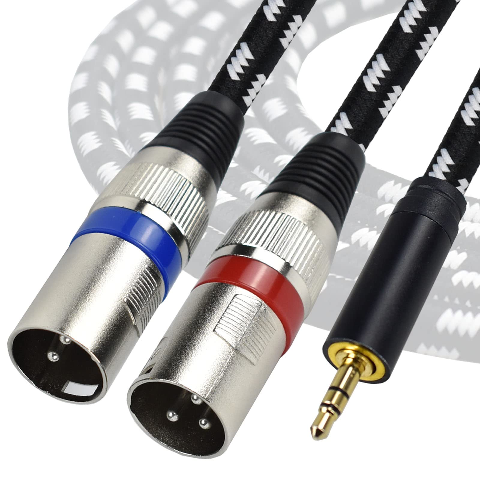Mugteeve 3.5 mm to Dual XLR Male Y Splitter Cable, 10 Feet Stereo 1/8 Mini TRS Headphone Jack to L/R Double XLR Male Aux Cord, Noise Free, Nylon Braided, for Studio Monitor Speaker and Phones