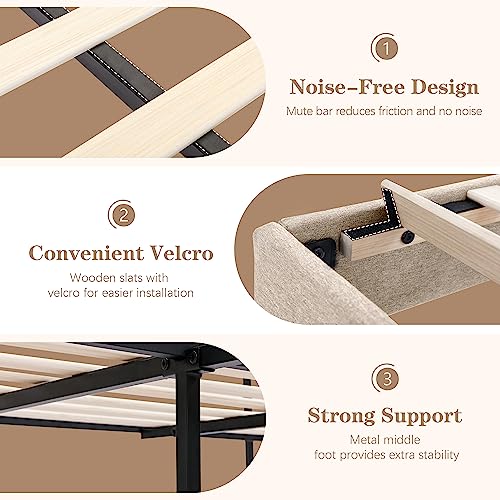 Kallabe Bed Frame Full Size with Headboard, Upholstered Platform Bed Frame Queen with LED Lights and USB Ports, Linen Fabric Beds with Wooden Slats, No Box Spring Needed, Beige