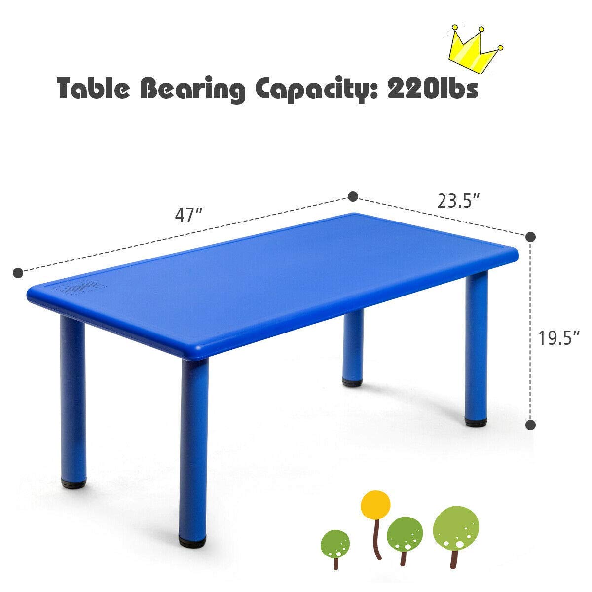 Costzon 47 x 23.5 Inch Rectangular Kids Table, Children School Activity Table for Reading Drawing Dining Playing, Multifunctional Plastic Table w/Steel Pipe, Toddler Furniture for Boys & Girls (Blue)