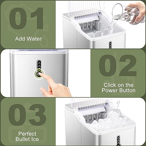 Ice Makers Countertop,Protable Ice Maker Machine with Ice Scoop and Ice Basket,26lbs/24H,9 Bullet Cubes Ready in 8 Mins,for Home/Kitchen/Camping/RV.(Silver)