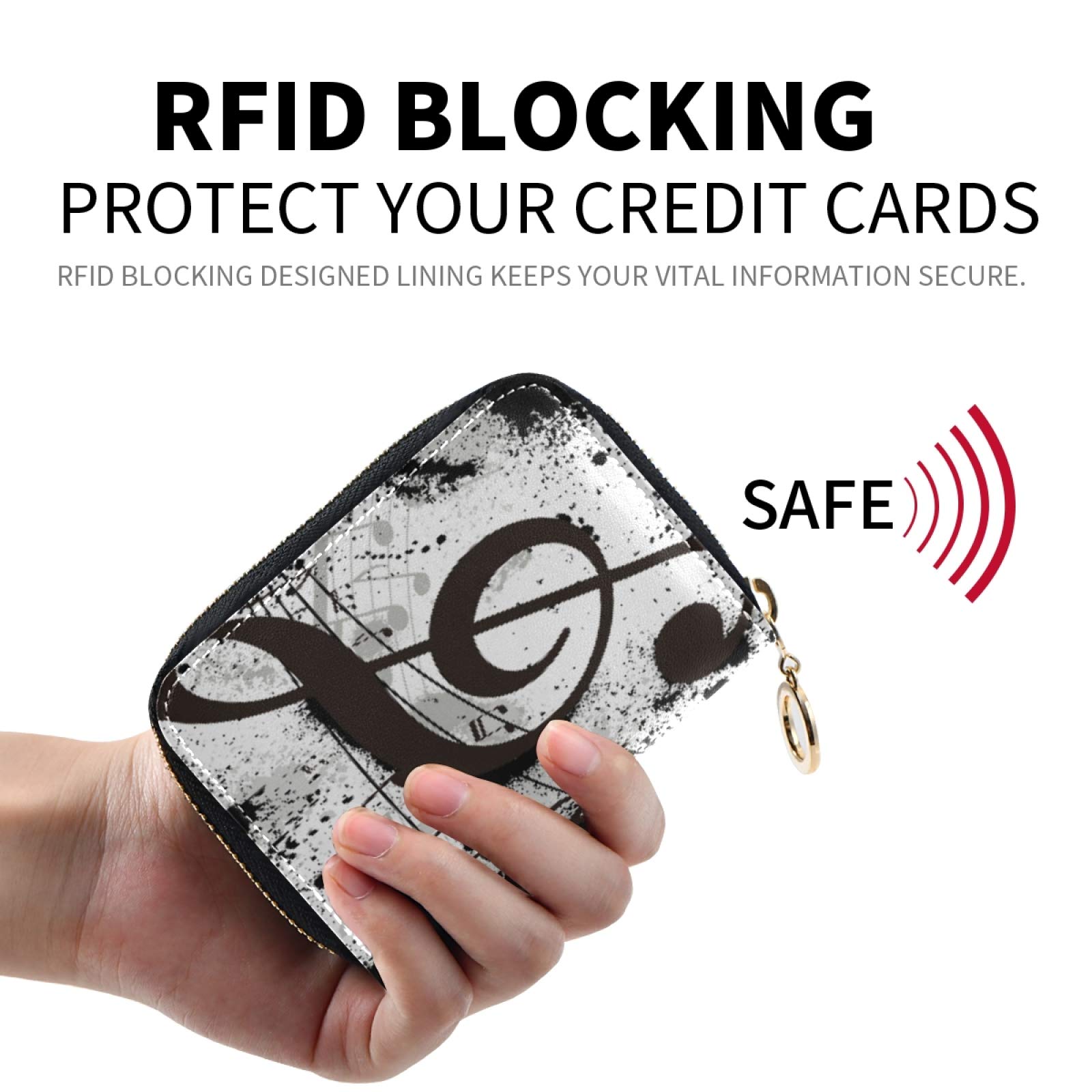 susiyo Black Background With Music Notes Credit Card Wallet, RFID Blocking Compact Women Leather Card Holder Zipper Purse