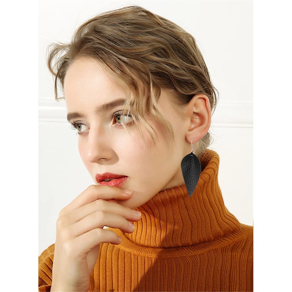 CHUNYANAN Boho Elegant Lightweight Black Genuine Real Leather Geometric Dangle Drop Earrings for Women Petal Leaf Feather Teardrop Earrings Jewelry Gift (Black Genuine Real Leather)