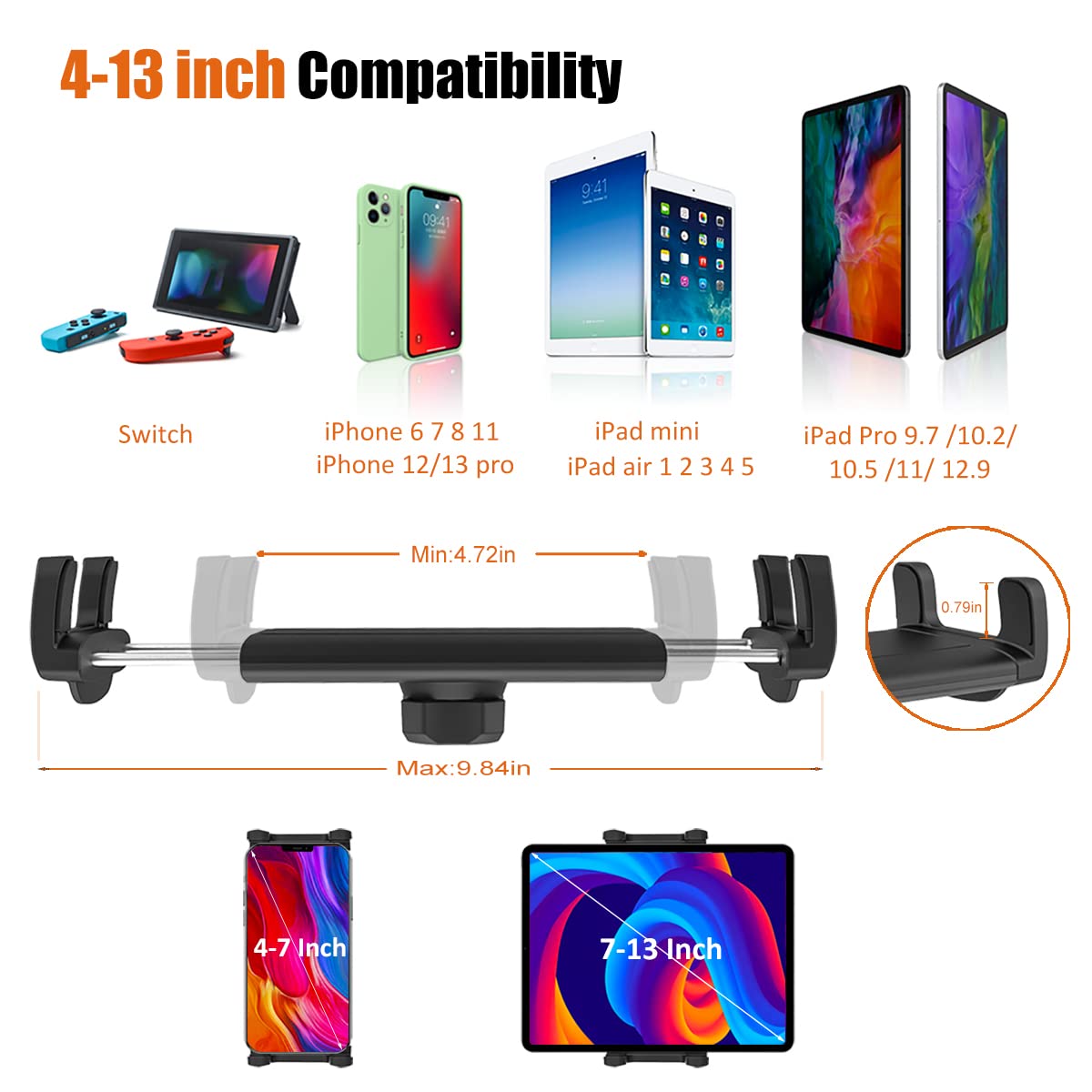 Kolasels Bike Handlebar Tablet Mount for 4-13" iPad & Phone, Motorcycle Handlebar Tablet Holder with Super C-Clamp for Microphone/Bicycle/Treadmill/Elliptical, Fit for iPad Pro, Air, Mini, iPhone