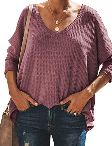LuckyMore Women Long Sleeve V Neck Tops Sexy Off The Shoulder Loose Pullover Sweater Rust Red S