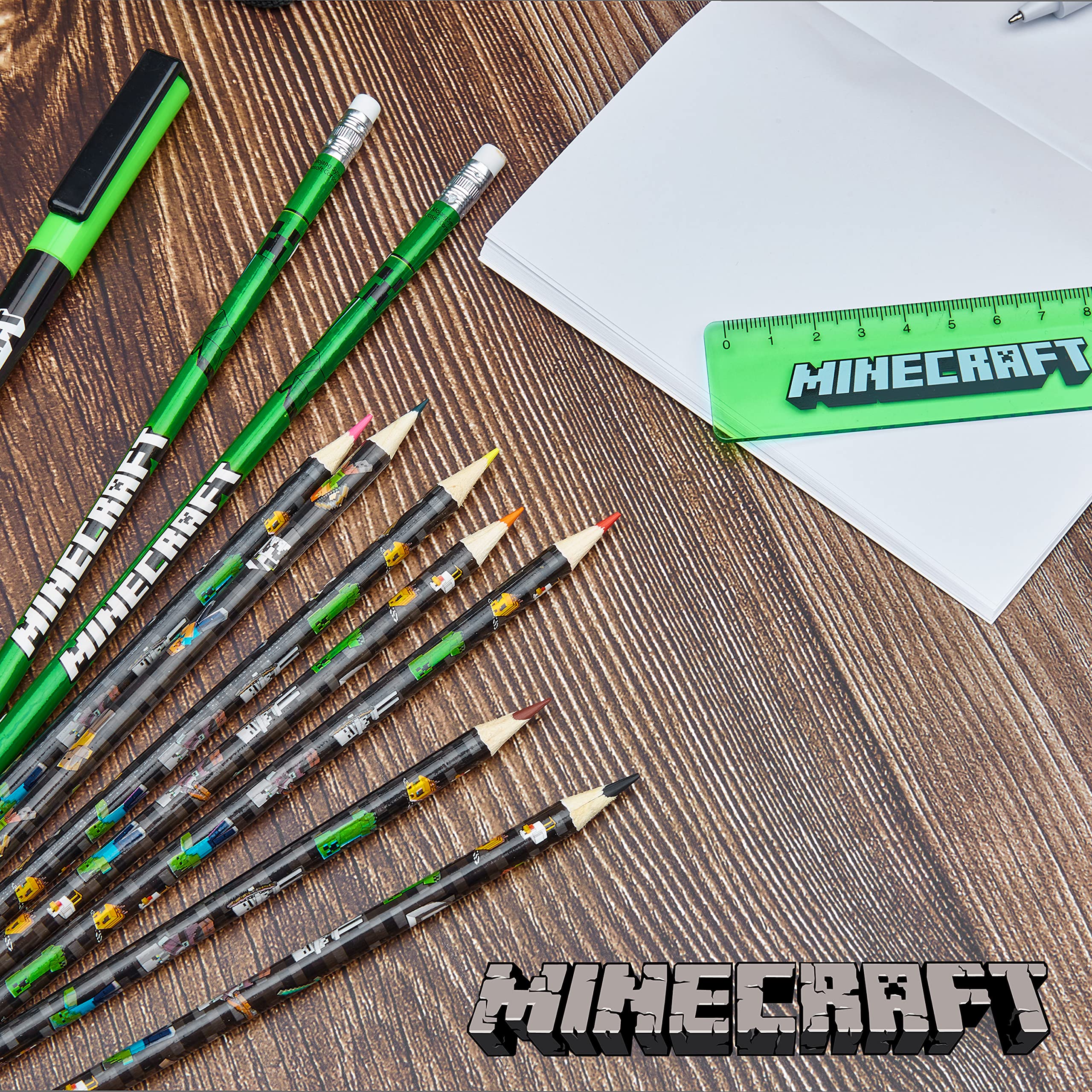 Minecraft Children's Pencil Case with Multiple Compartments, Stationery Included – School Supply (Green Mob)